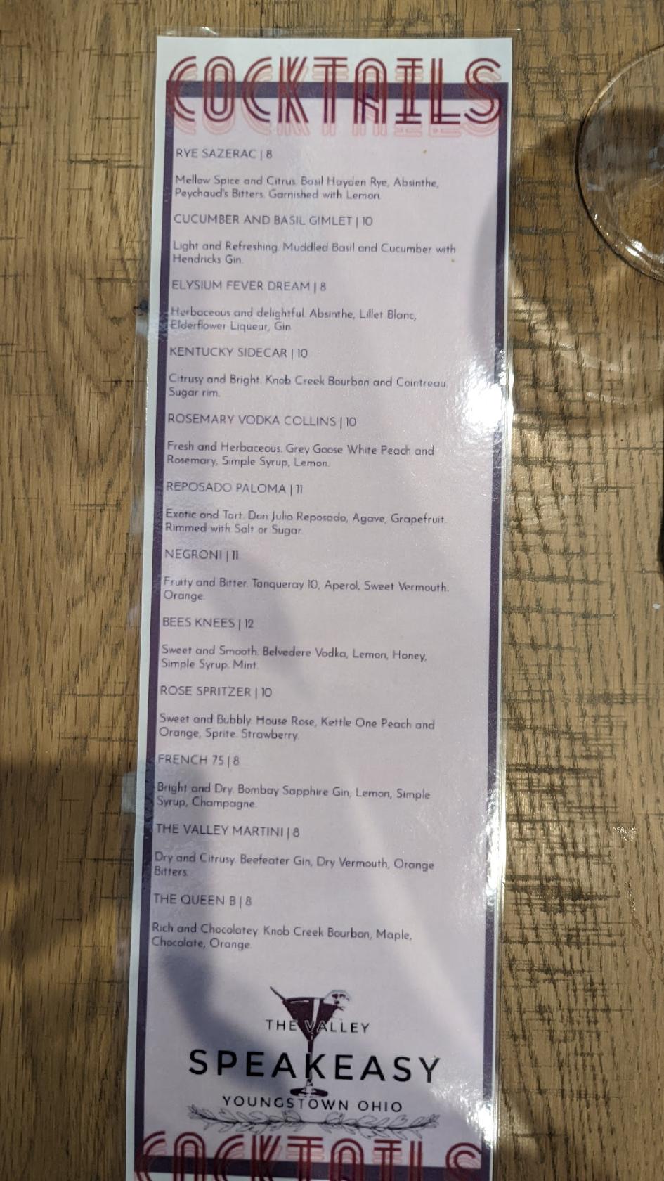 Menu at The Valley Speakeasy pub & bar, Youngstown, Belmont Ave