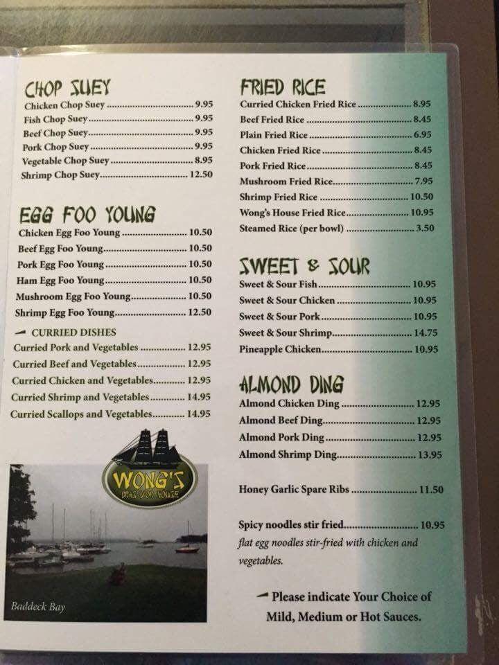 Menu at Wong's Restaurant, Baddeck