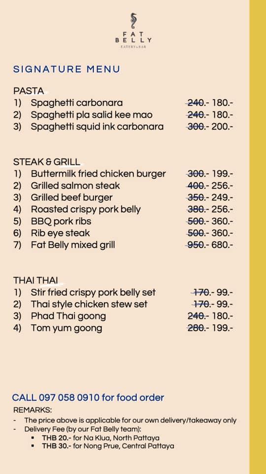 Menu at Fat Belly Pattaya restaurant, Pattaya City