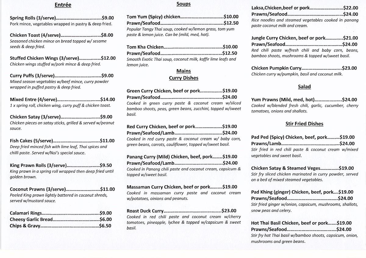 Menu at Thai-Noi Restaurant, Biloela