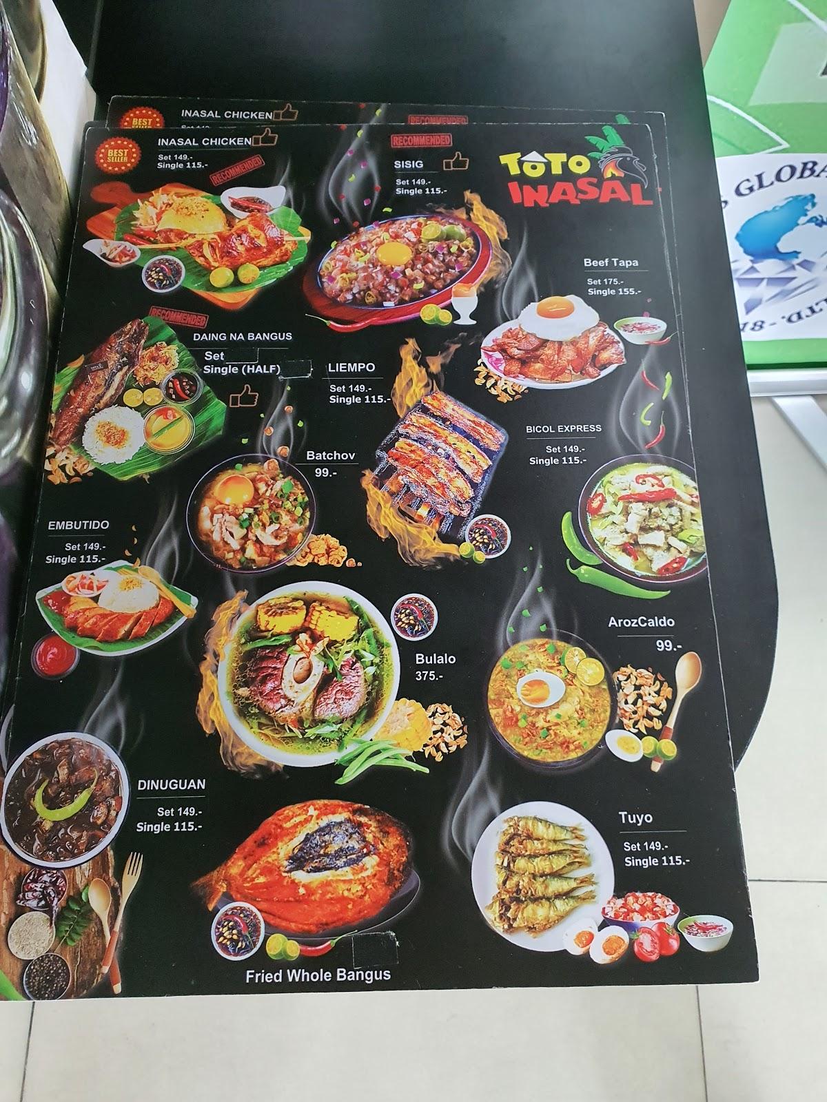 Menu at Toto Inasal restaurant, Bangkok