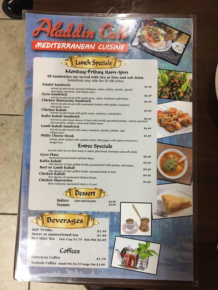 Menu at Aladdin Cafe, Crowley