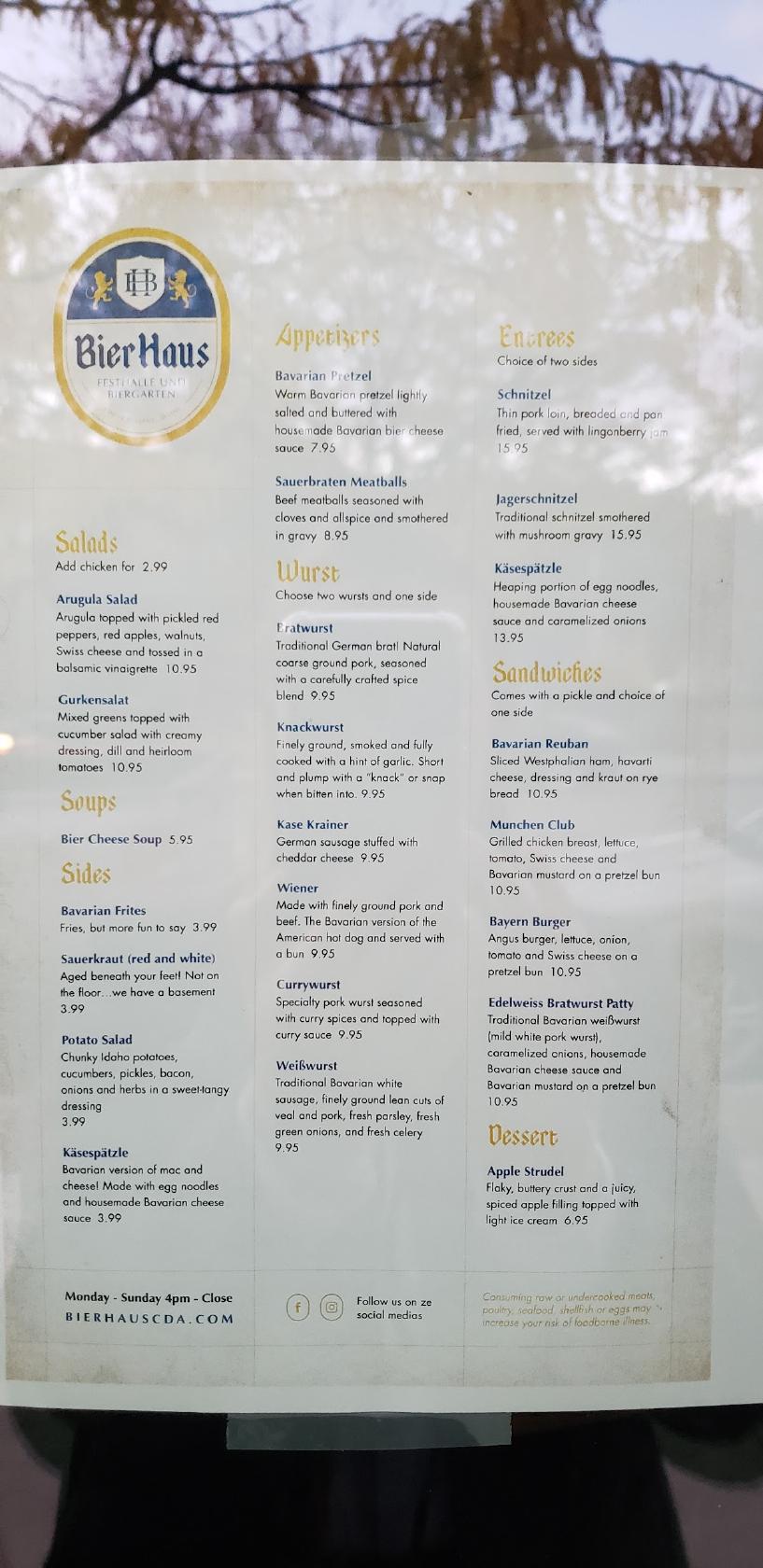 Menu at Bier Haus pub & bar, Coeur d'Alene