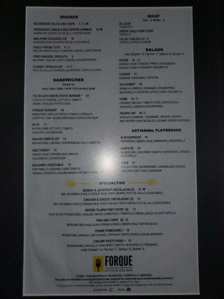 Menu at Forque Kitchen and Bar, Albuquerque
