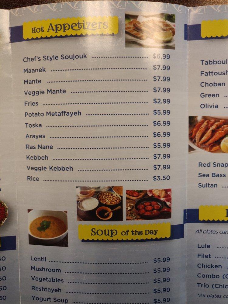 Menu at Mima's Mediterranean restaurant, Los Angeles
