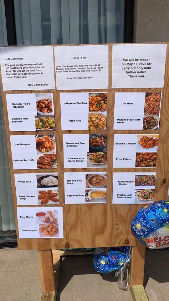 Menu at New China Buffet restaurant, Mitchell