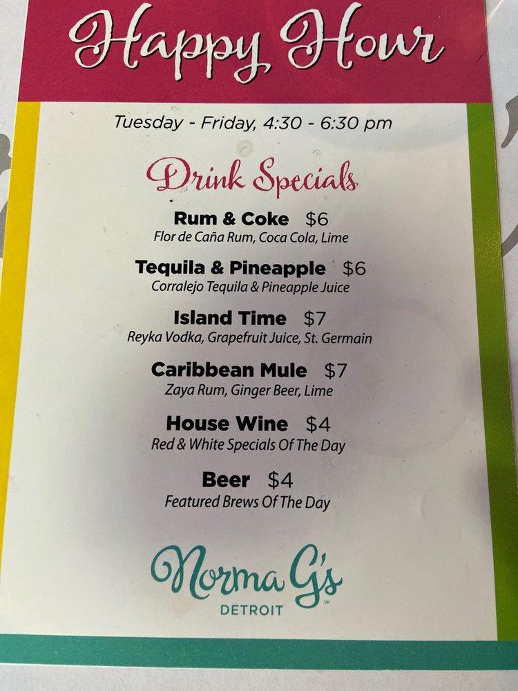 Menu at Norma G's Detroit restaurant, Detroit