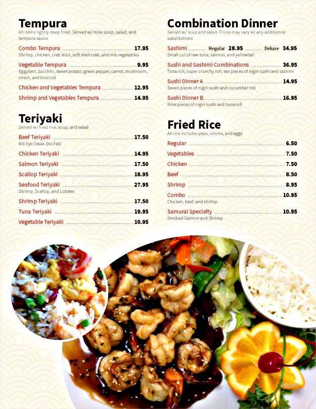 Menu at Samurai Sushi Bar Two, Broussard
