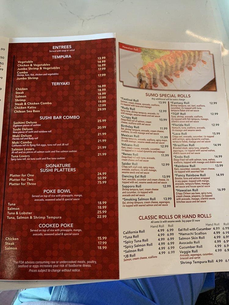 Menu at Sumo Japanese Restaurant, Boca Raton
