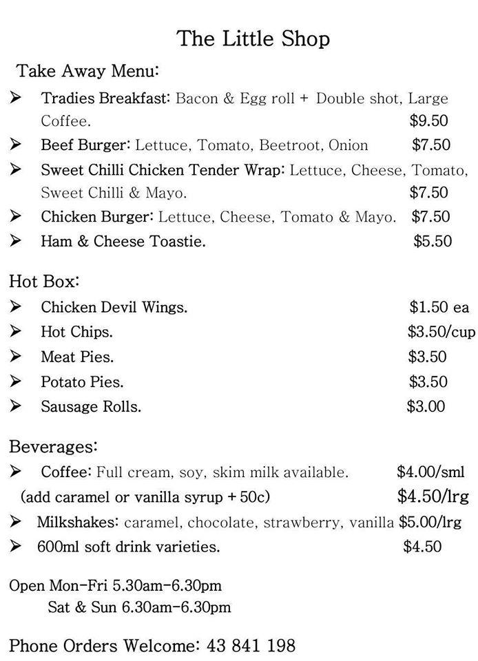 Menu at The Little Shop restaurant, Terrigal