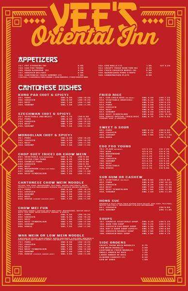Menu at Yee's Oriental Inn restaurant, Kenosha