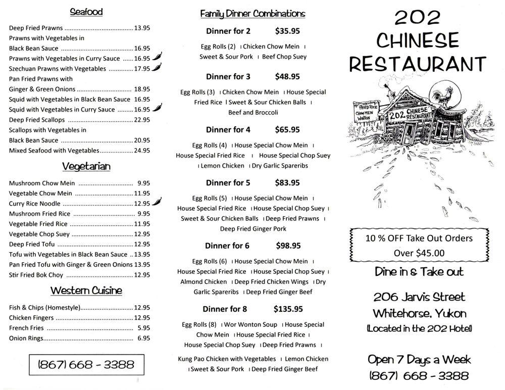 Menu at 202 Chinese restaurant, Whitehorse
