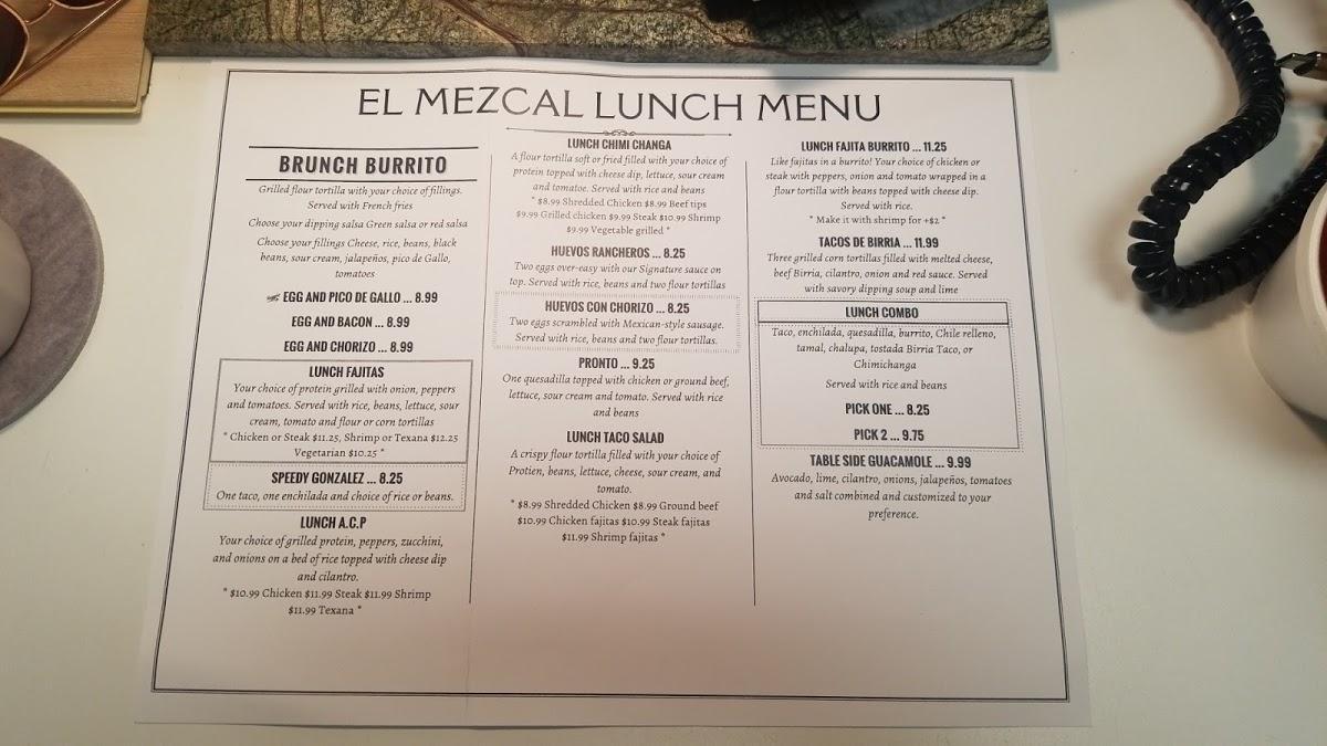 Menu at El Mezcal restaurant, Cave Spring