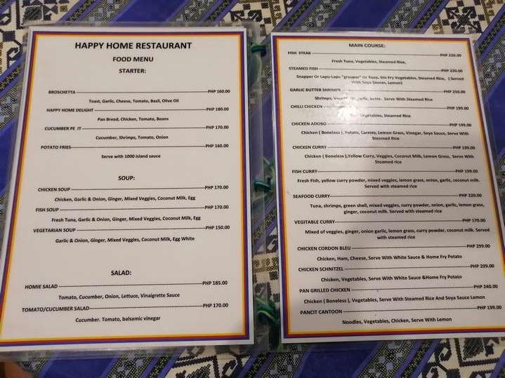 Menu at Happy Home Restaurant, El Nido, Barangay