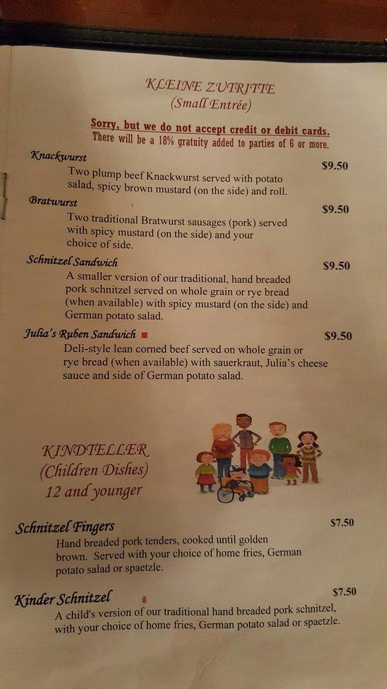 Menu at Julia's German Stammtisch restaurant, Columbia, 120 ...