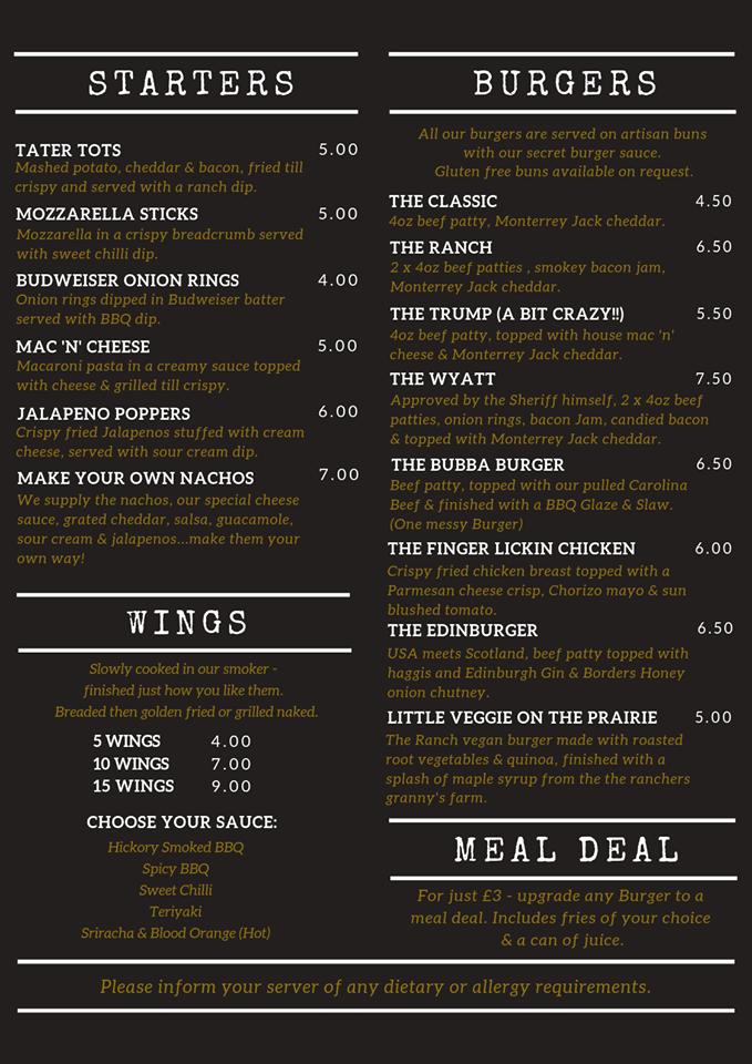 Menu at The Ranch Sighthill BBQ, Edinburgh, 12 Bankhead Ave