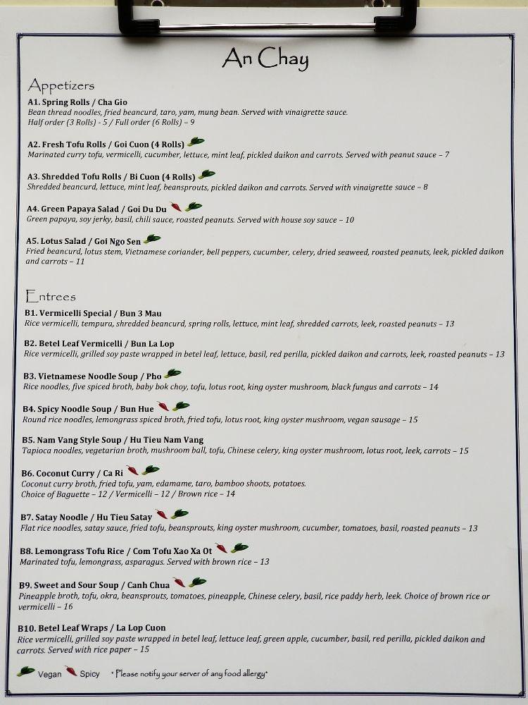 Menu at An Chay Restaurant, Edmonton