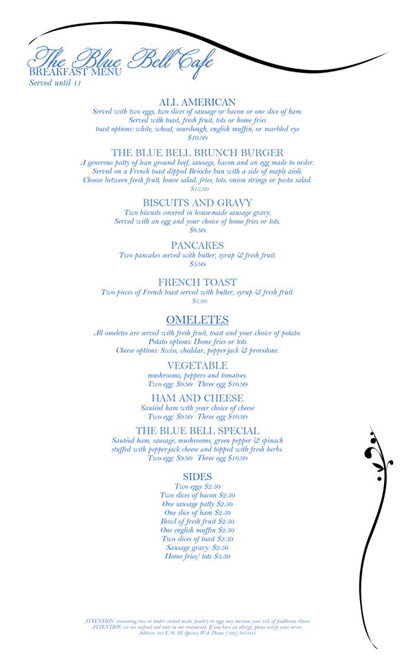 Menu at Bluebell Cafe, Quincy