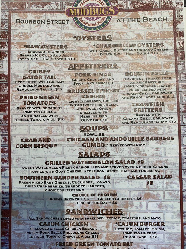 Menu at MudBugs Cajun Kitchen pub & bar, Sanibel