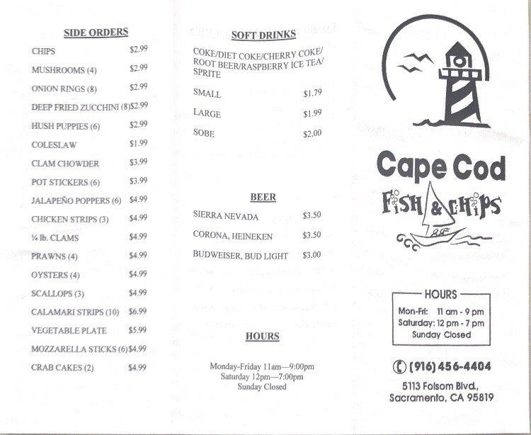 Menu at Cape Cod Fish & Chips restaurant, Sacramento