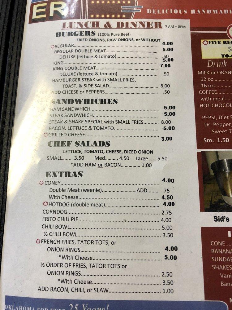 Menu at Sid's Diner restaurant, El Reno