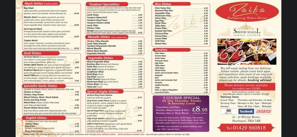 Menu at Zaika restaurant, Hartlepool