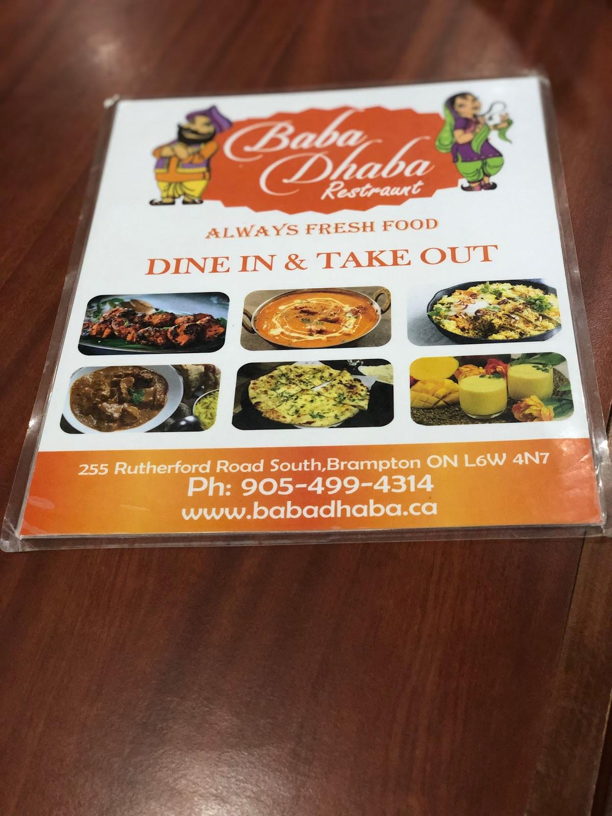 Menu at Baba Dhaba restaurant, Brampton, 255 Rutherford Rd S