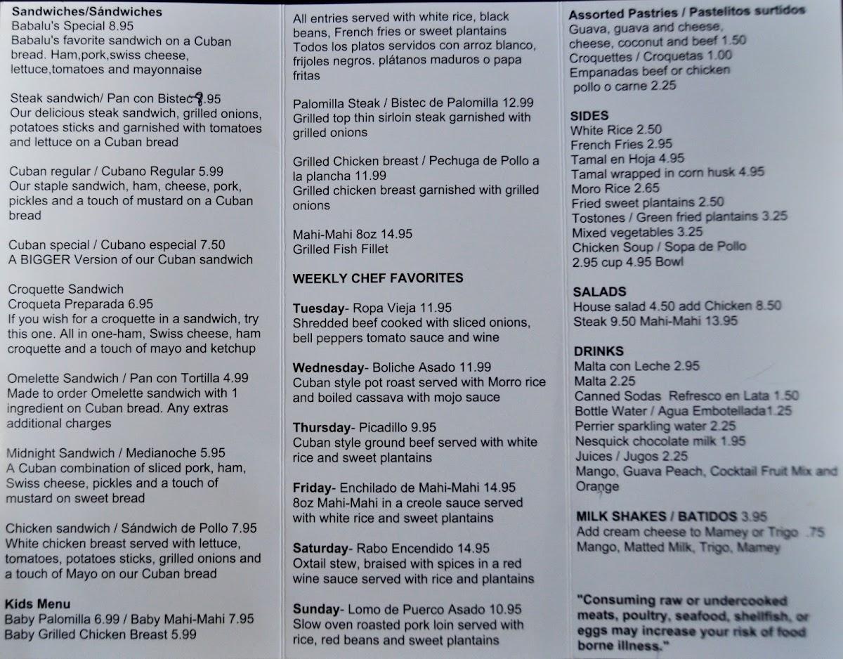 Menu at Babalu's Cuban Café restaurant, Port St. Lucie, SE Port St ...