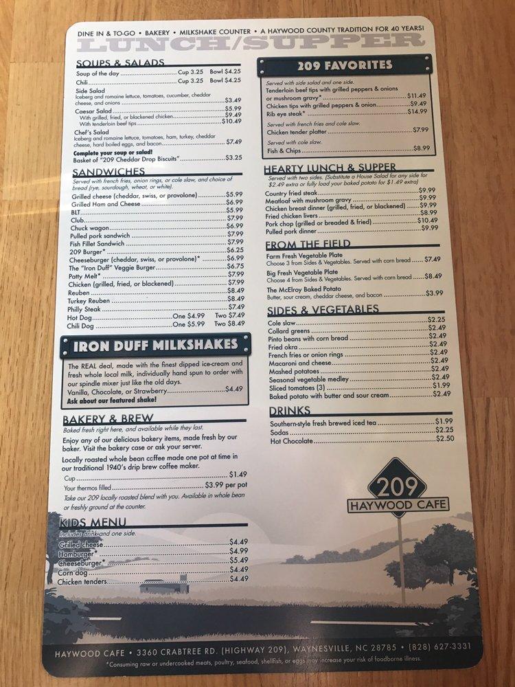 Menu at Haywood 209 Cafe, Waynesville