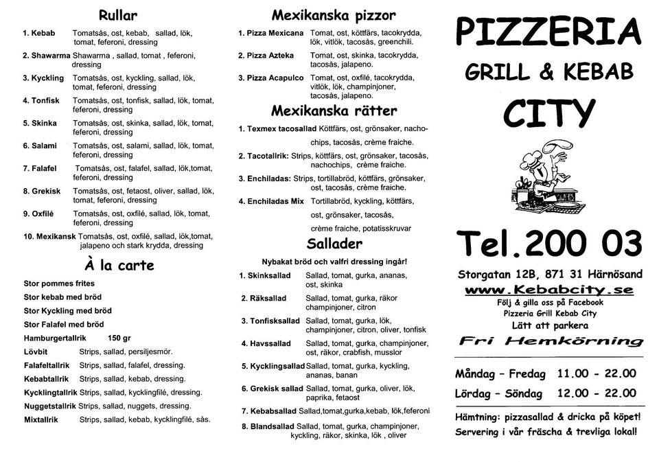 Menu at Pizzeria Grill Kebab City, Härnösand