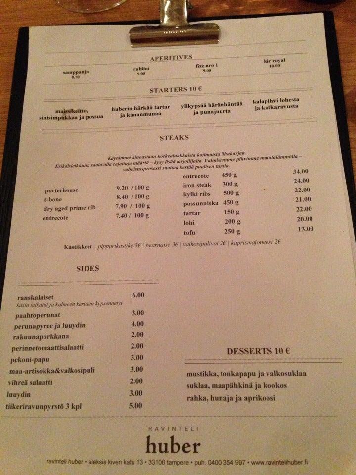 Menu at Ravinteli Huber steakhouse, Tampere