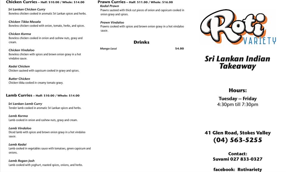 Menu at Roti Variety restaurant, Wellington