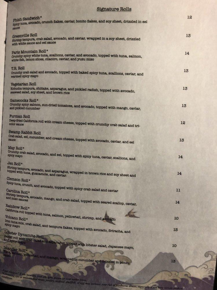 Menu at Sushi Yama restaurant, Travelers Rest