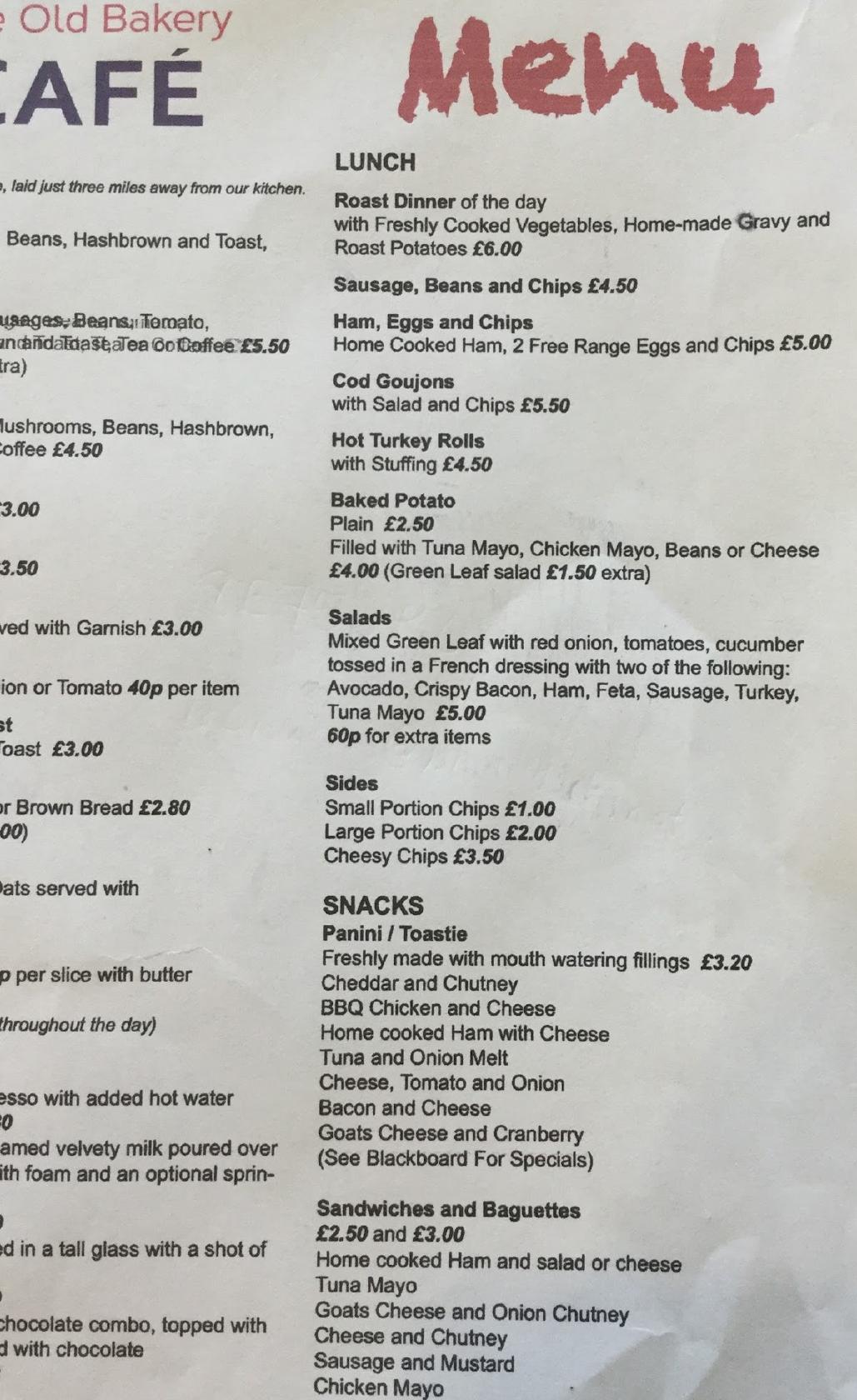 Menu at The Old Bakery Cafe, Bridgend, Abergarw Trading Estate