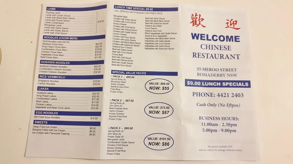 Menu at Welcome Chinese Restaurant Bomaderry, Bomaderry