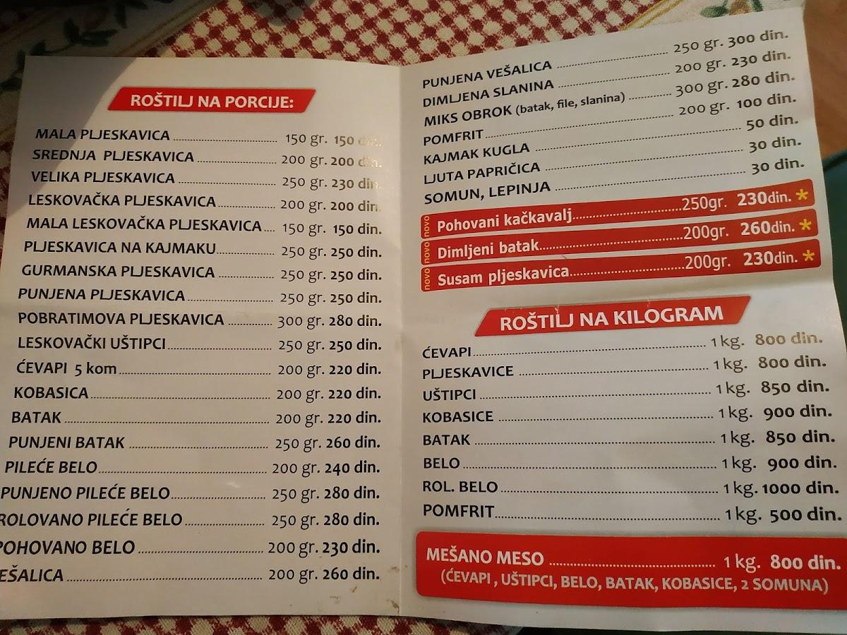 Menu at Kod Pobratima restaurant, Belgrade, Bulevar despota Stefana 204