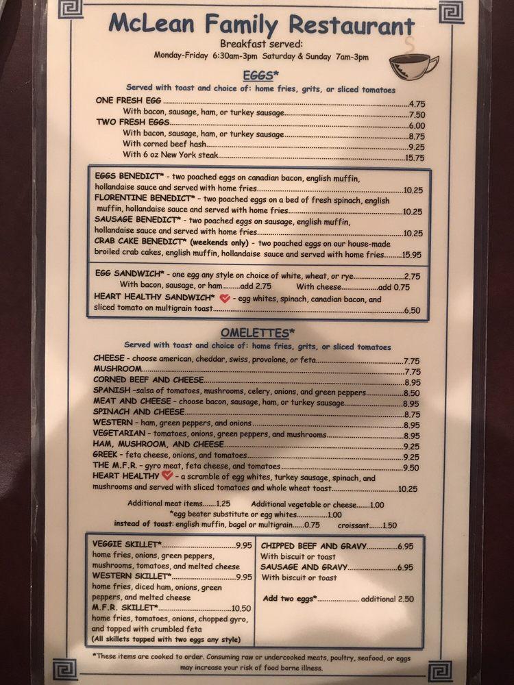 Menu at McLean Family Restaurant, McLean, Chain Bridge Rd