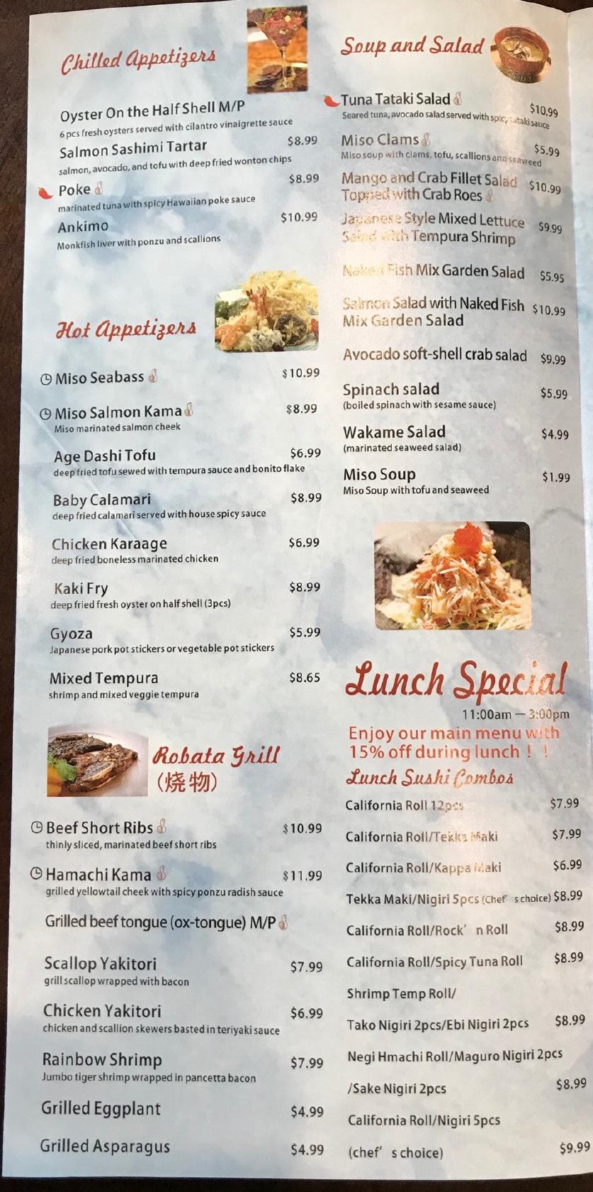 Menu at Naked Fish restaurant, Chino Hills