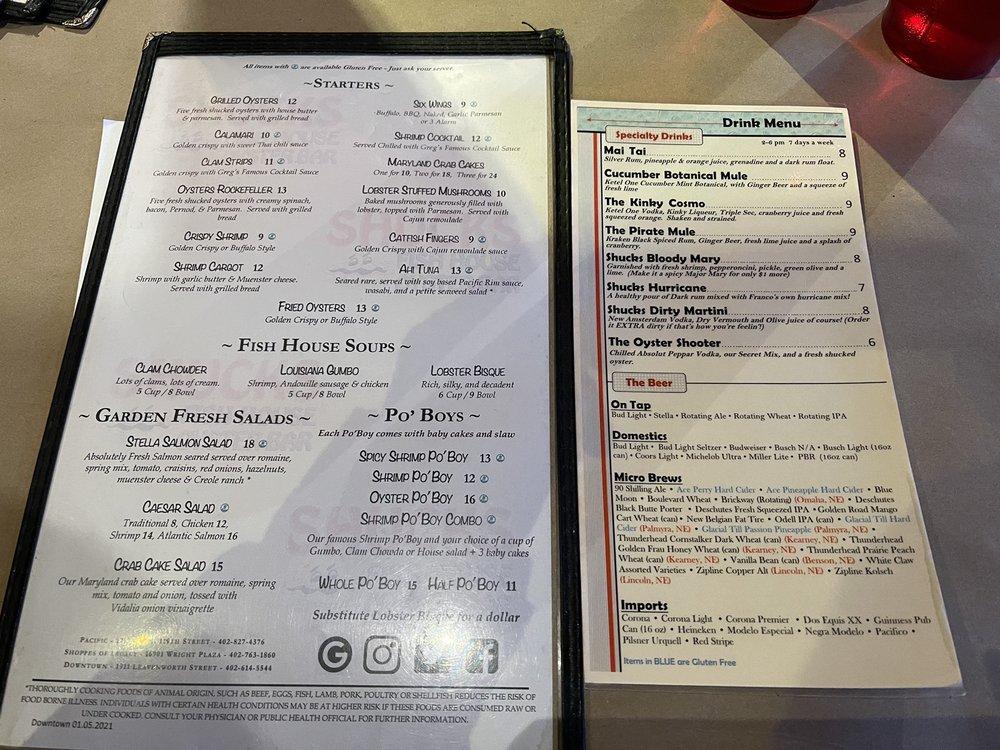 Menu at Shucks Fish House & Oyster Bar, Omaha, Leavenworth St