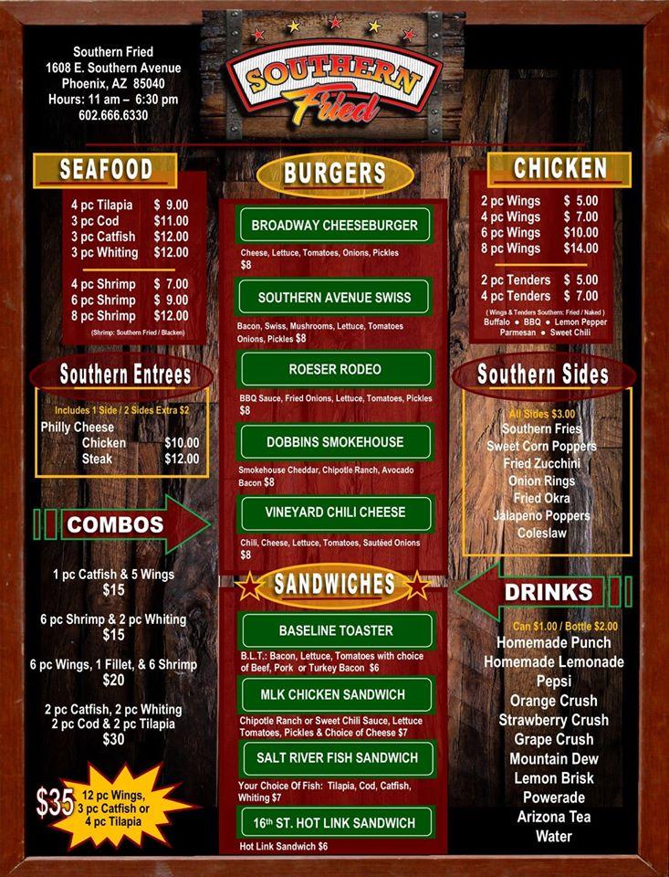 Carta del restaurante Southern Fried, Phoenix