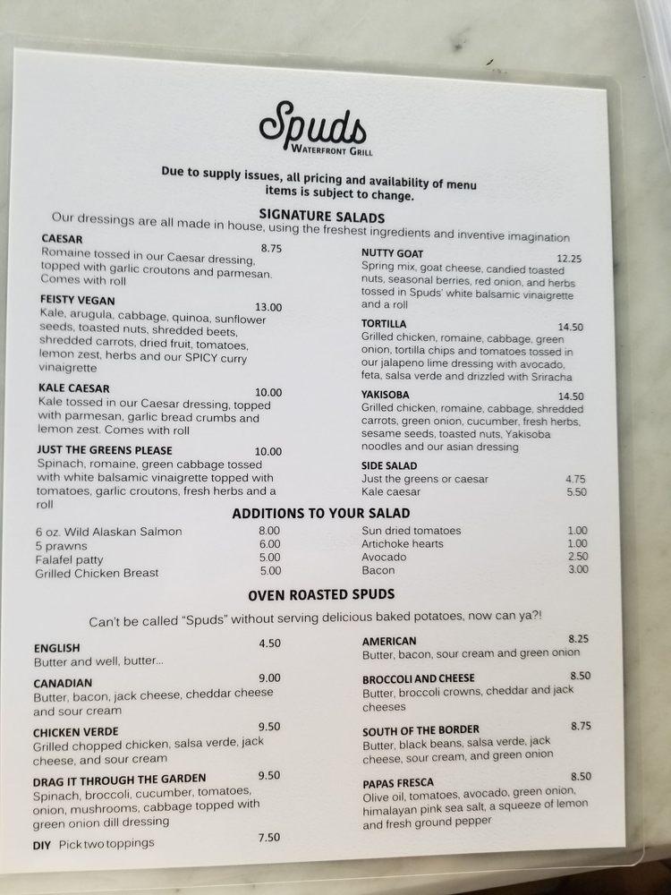 Menu at Spuds Waterfront Grill restaurant, Sandpoint