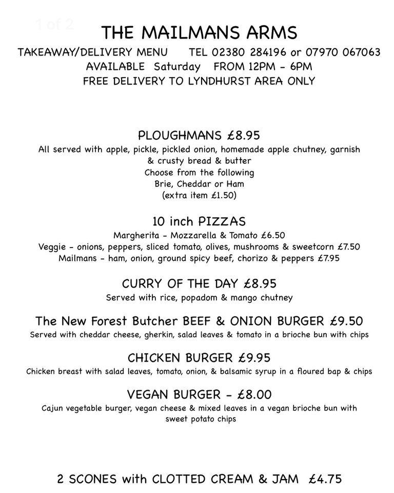 Menu at The Mailmans pub & bar, Lyndhurst