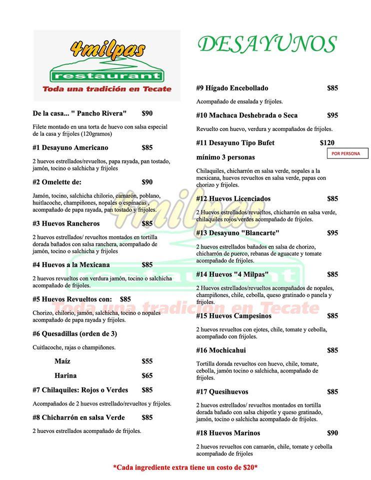 Menu at 4 Milpas Restaurant, Tecate