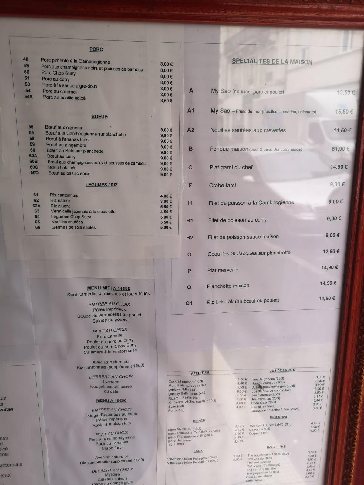 Menu au Restaurant Angkor, Angers