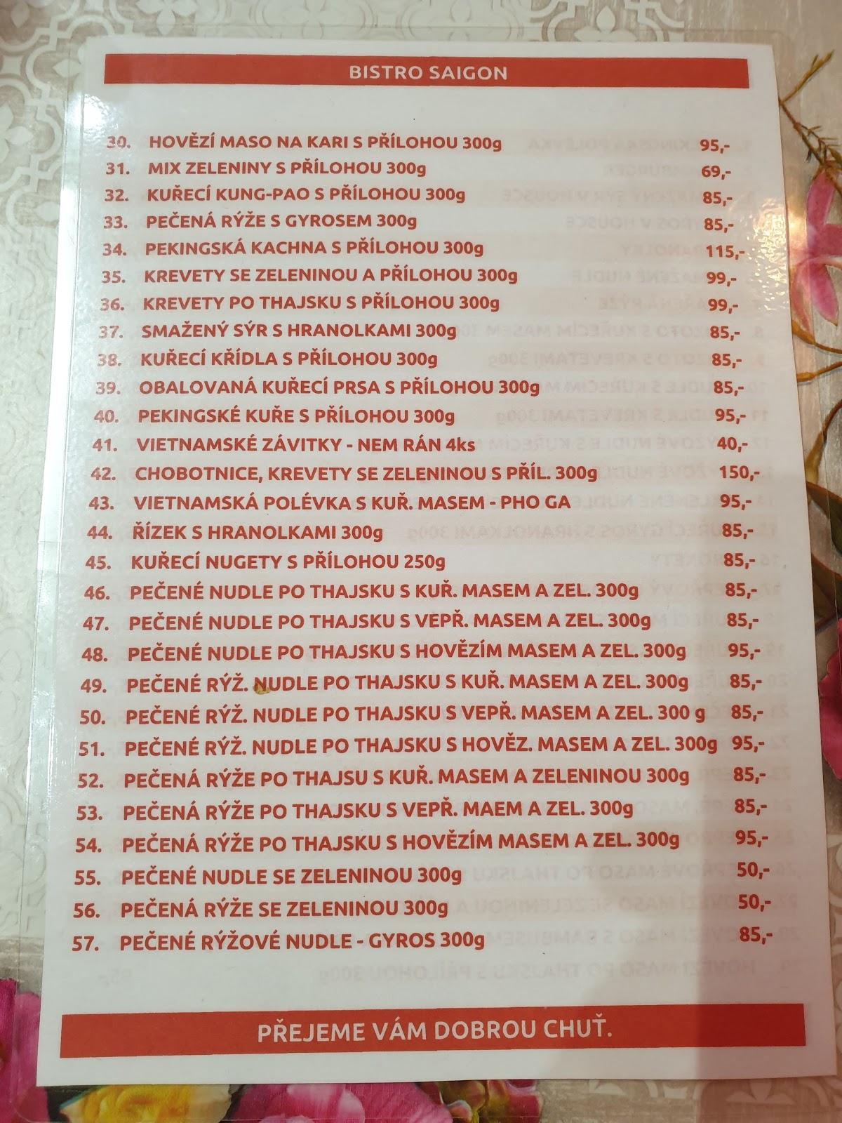 Menu at Bistro Saigon restaurant, Kopřivnice