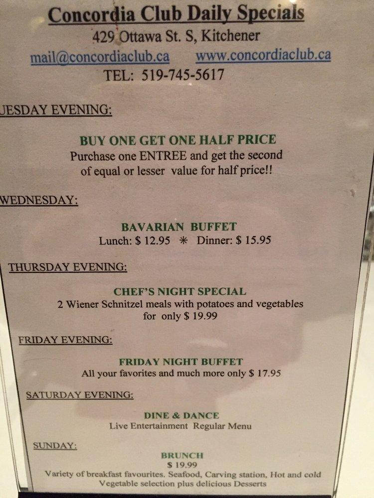 Menu at Concordia Club, Kitchener