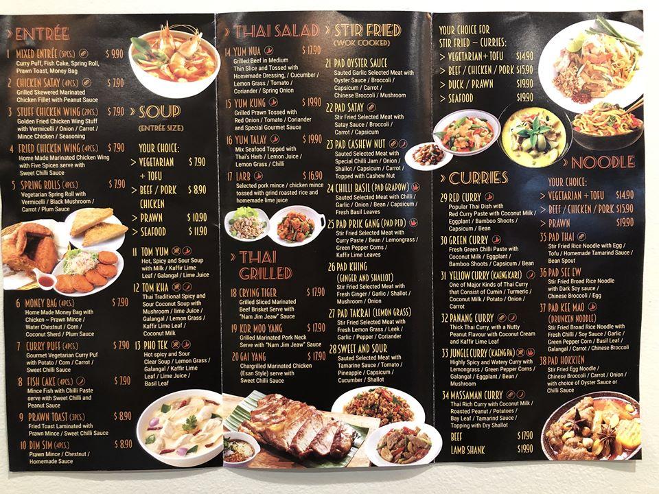 Menu at Thaicoon Restaurant, Port Macquarie