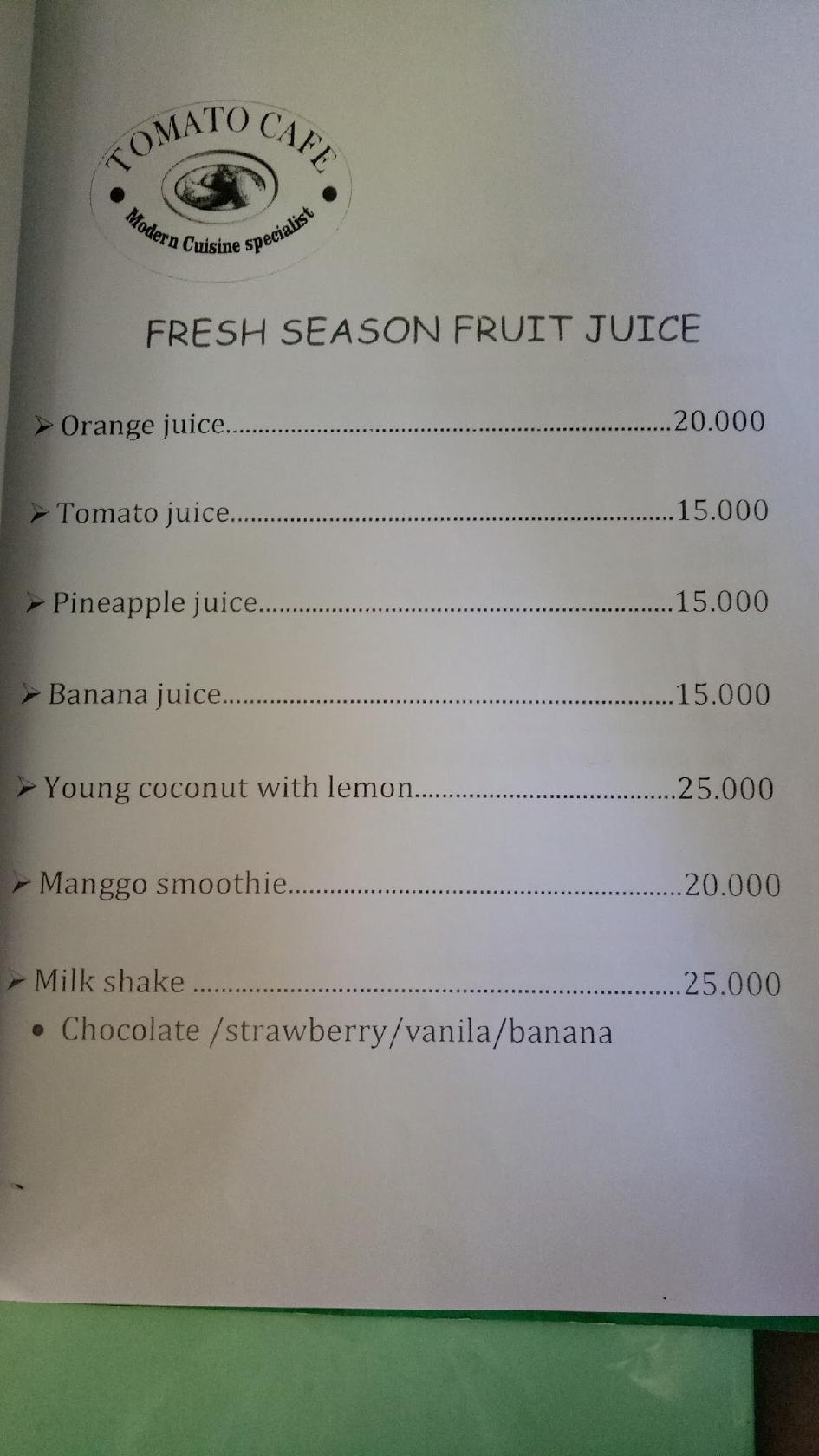 Menu at Tomato Café restaurant, Kuta