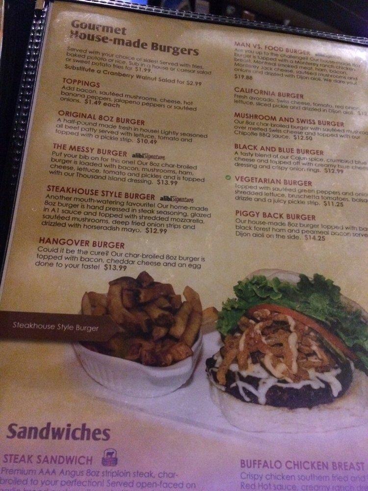 Menu at Alibi Roadhouse pub & bar, London, 25 Oxford St W