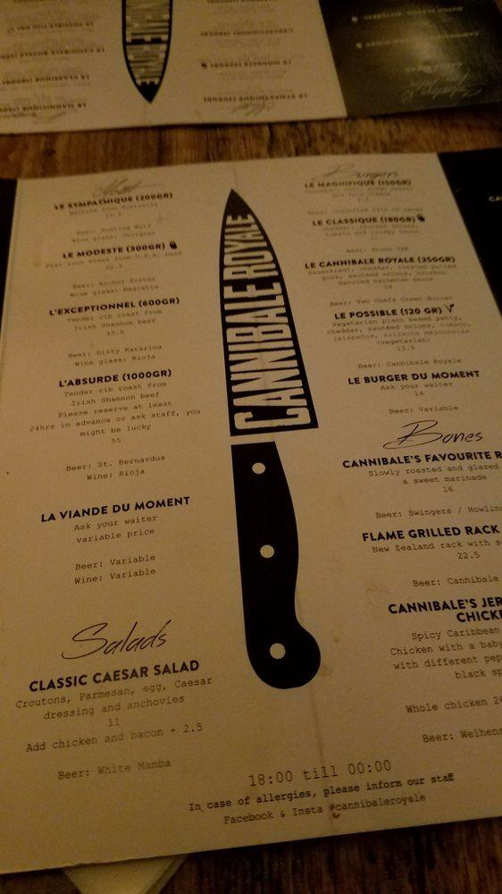 Menu at Cannibale Royale Handboogstraat, Amsterdam, Handboogstraat 17a